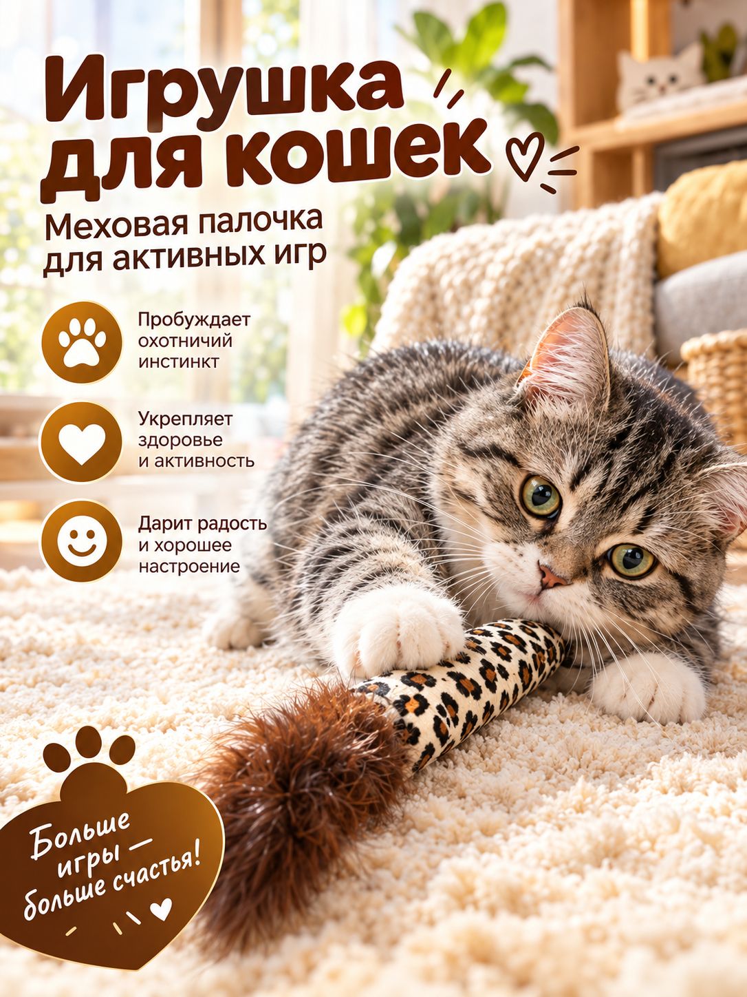 Игрушка кикер для кошек / Кикер для кошек с кошачьей мятой и хвостом из перьев