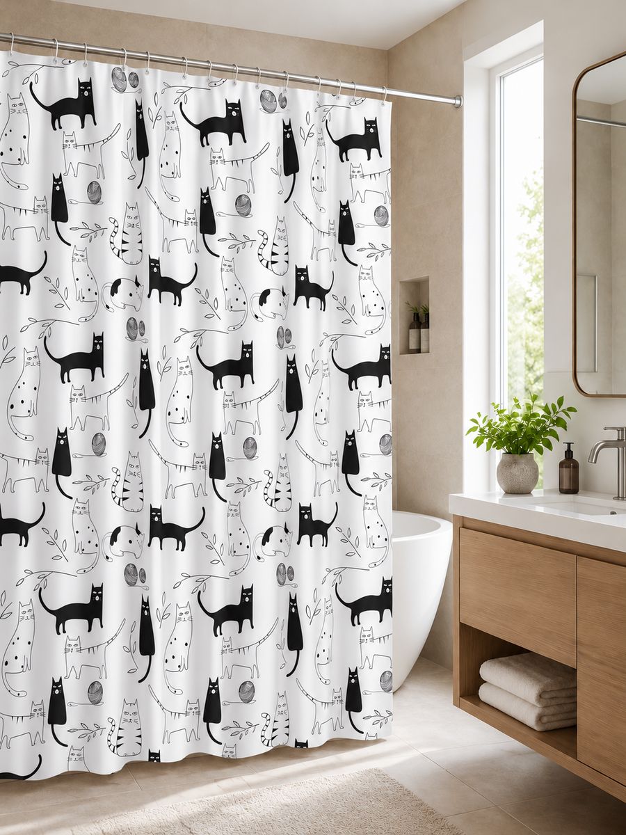 Штора для ванной BATH PLUS 180x180 тканевая с водоотталкивающей пропиткой Little Black Cat Кошки кольца в комплекте