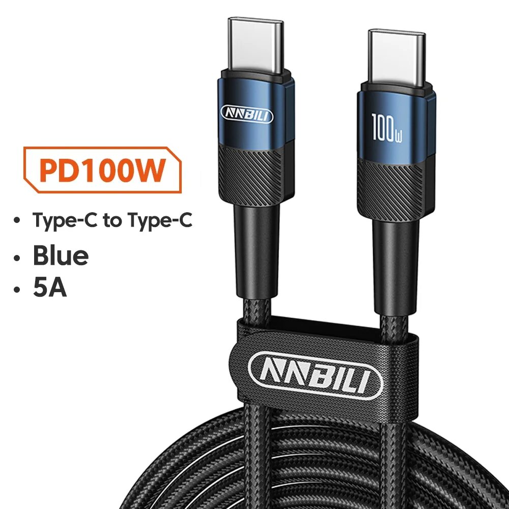 NNBILI 100W USB-C To USB-C PD Кабель Для Быстрой Зарядки Для MacBook, Samsung, Xiaomi 1m, 100W Blue