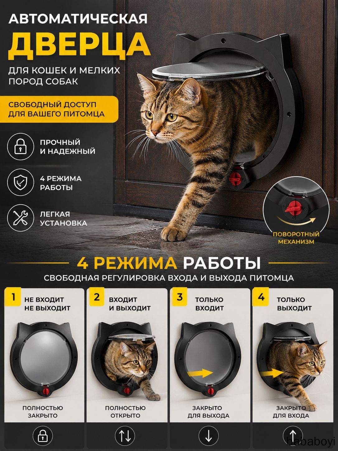 Дверца-лаз для кошки с термоизоляцией, 4 режима работы, 21 см. Регулировка доступа, шаблон для монтажа в комплекте. Утепленная дверца для домашних животных.