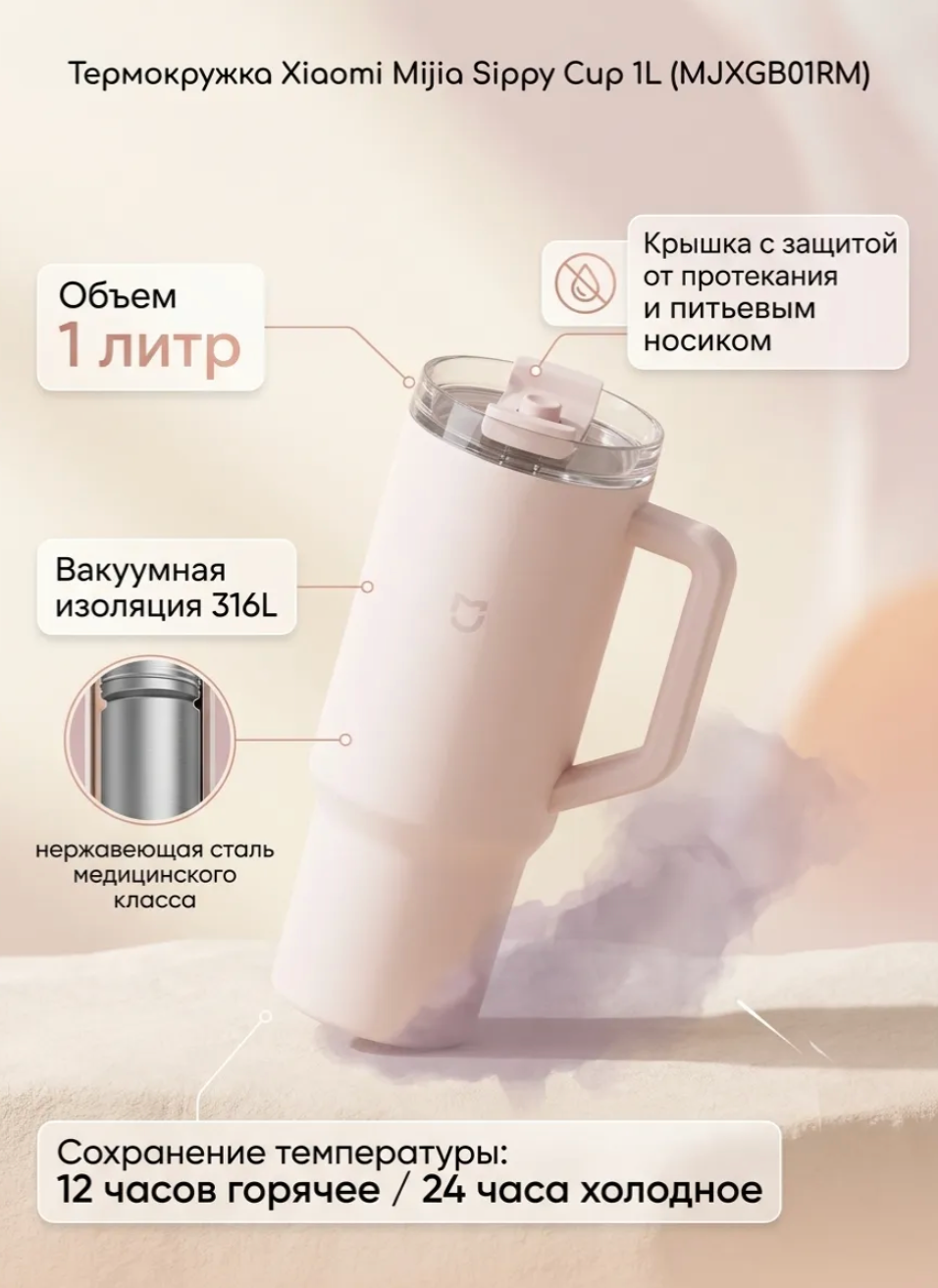 Термокружка Xiaomi Mijia Straw Cup 1 л с трубочкой, сталь 316L, тепло и холод 6 ч, розовый