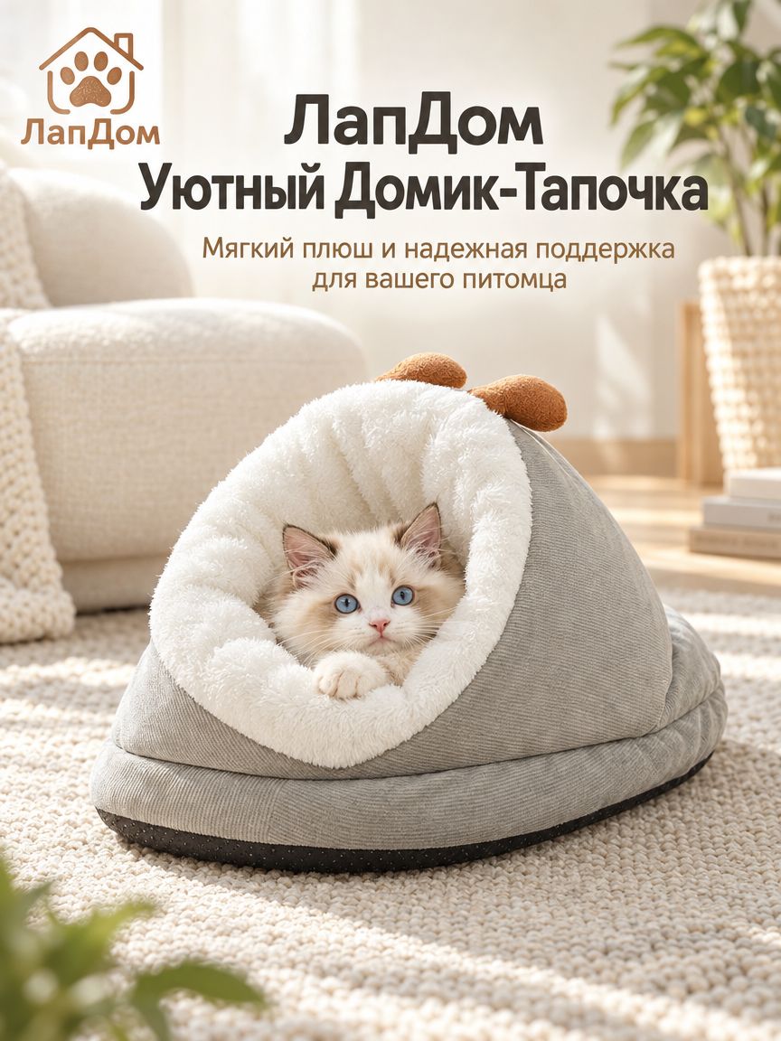 Домик-тапочка для кошек и мелких собак, уютный полуоткрытый лежак, теплая подстилка из хлопка, защитит от сквозняков, 2