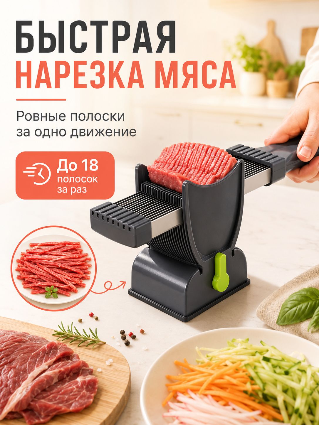Слайсер, используемый для нарезки мяса на ломтики, которые можно нарезать ломтиками, полосками и частицами