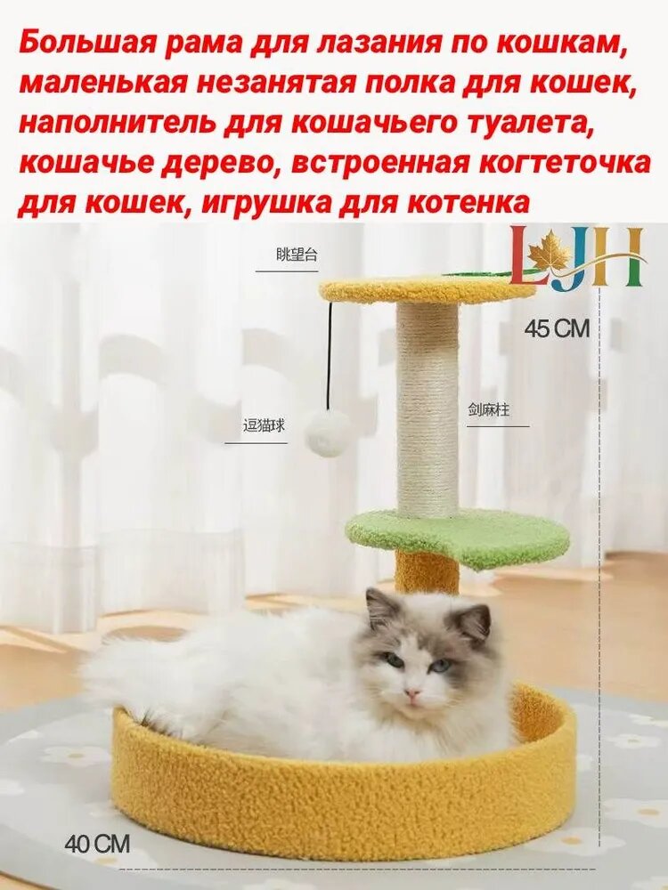 Многофункциональная лазалка для кошек в виде пальмы, с когтеточкой из сизаля, прозрачным акриловым домиком-гондолой и подвесными мячами для игр и отдыха питомца
