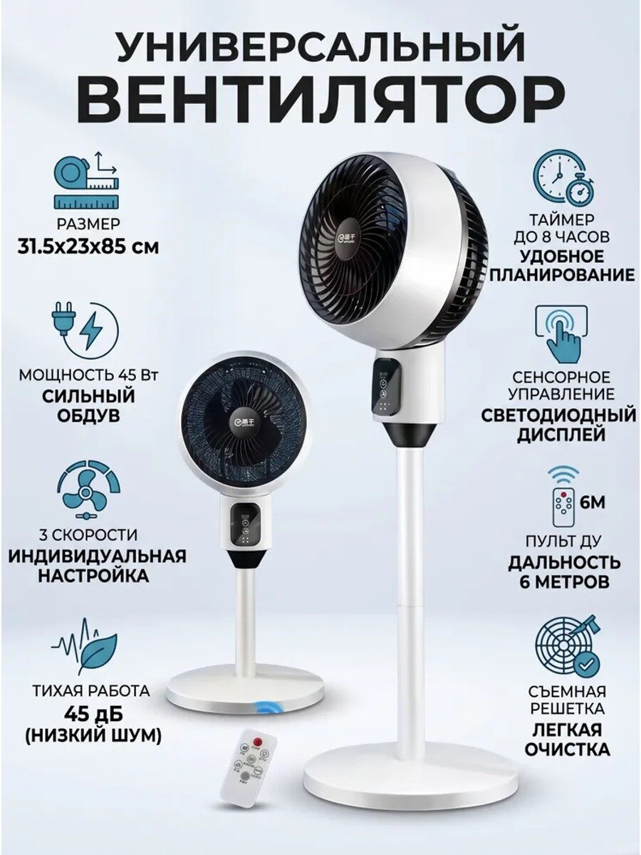 Напольный вентилятор с пультом ДУ, таймером и управлением со смартфона, белый, 850х230х31.5