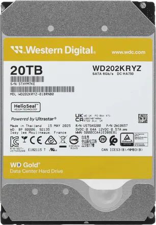 Western Digital 20 ТБ Внутренний жесткий диск, 3.5", 7200 об/мин, SATA III 6 Гбит/с (WD202KRYZ)