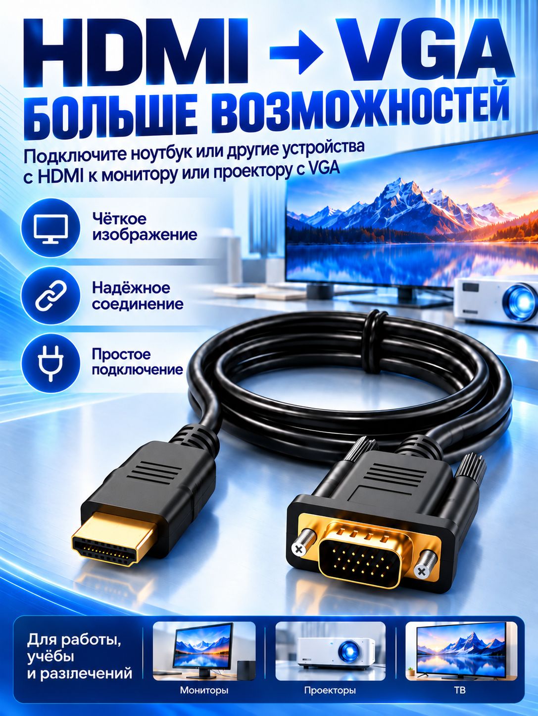 Видеокабель HDMI/VGA (D-Sub), 1.5 м, черный
