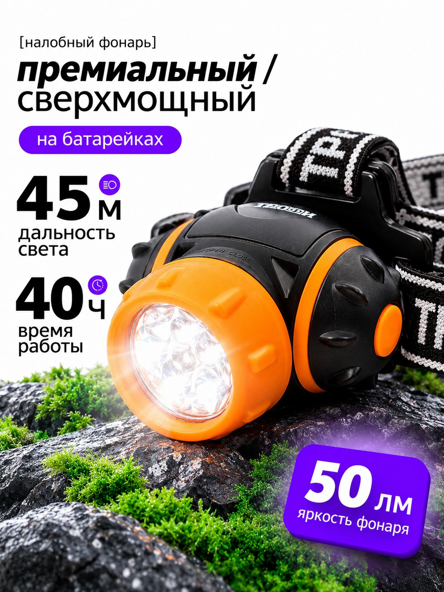 Фонарь налобный на батарейках Трофи TG7 мощный светодиодный туристический для рыбалки 4 режима