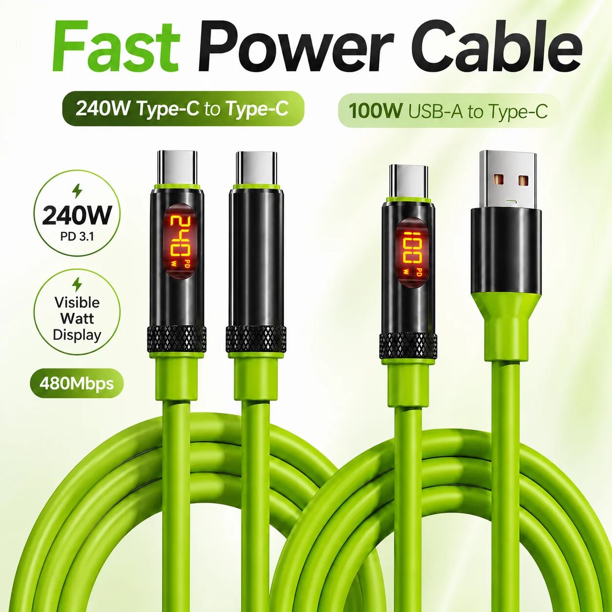 Кабель для быстрой зарядки USB-C с LED-дисплеем 100W/240W, USB-A на Type-C и USB-C Green C TO C 2M