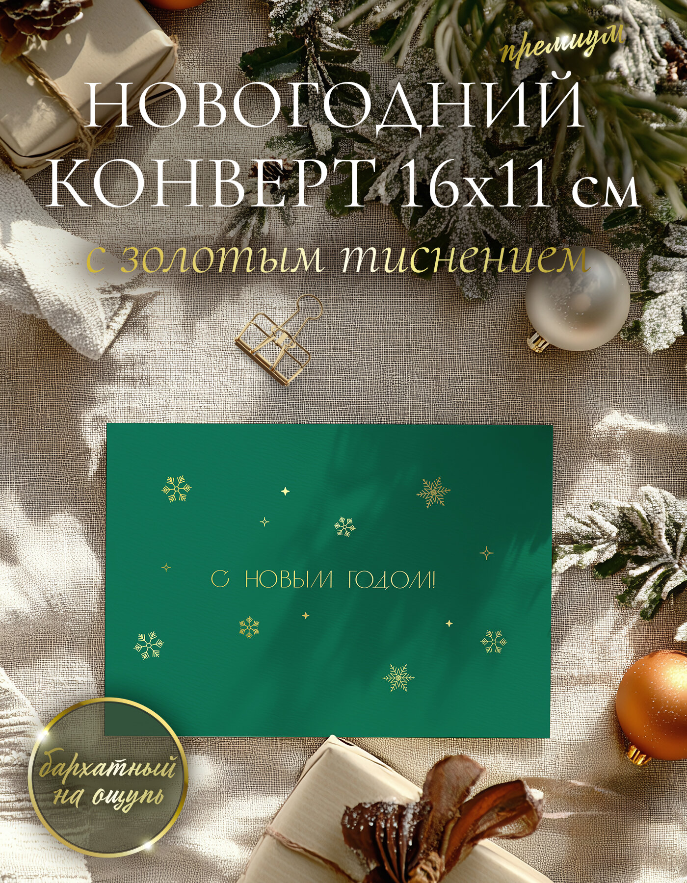 Дизайнерский новогодний зелёный конверт для денег, золотое тиснение, 16х11 см, С6