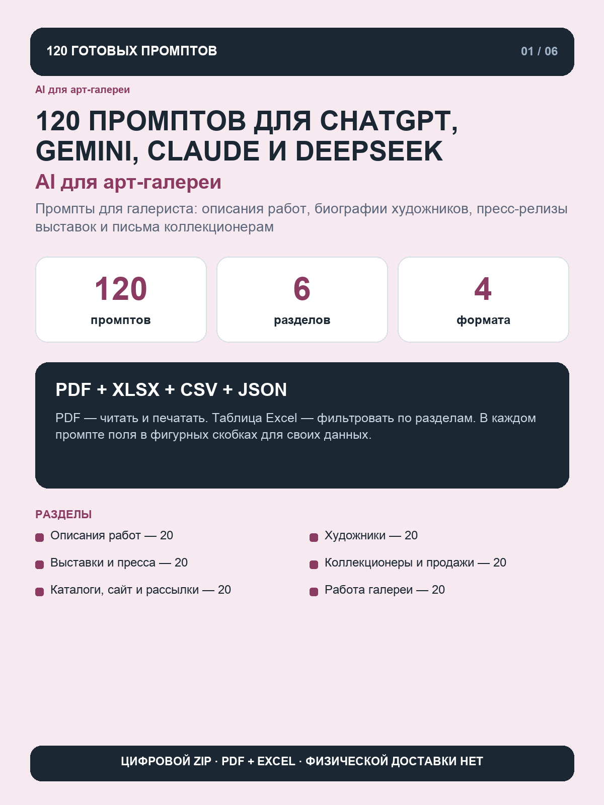 AI для арт-галереи: 120 промптов для ChatGPT, Gemini, Claude и DeepSeek, цифровая книга PDF A4