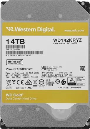 Western Digital 14 ТБ Внутренний жесткий диск, 3.5", 7200 об/мин, SATA III 6 Гбит/с (WD142KRYZ)