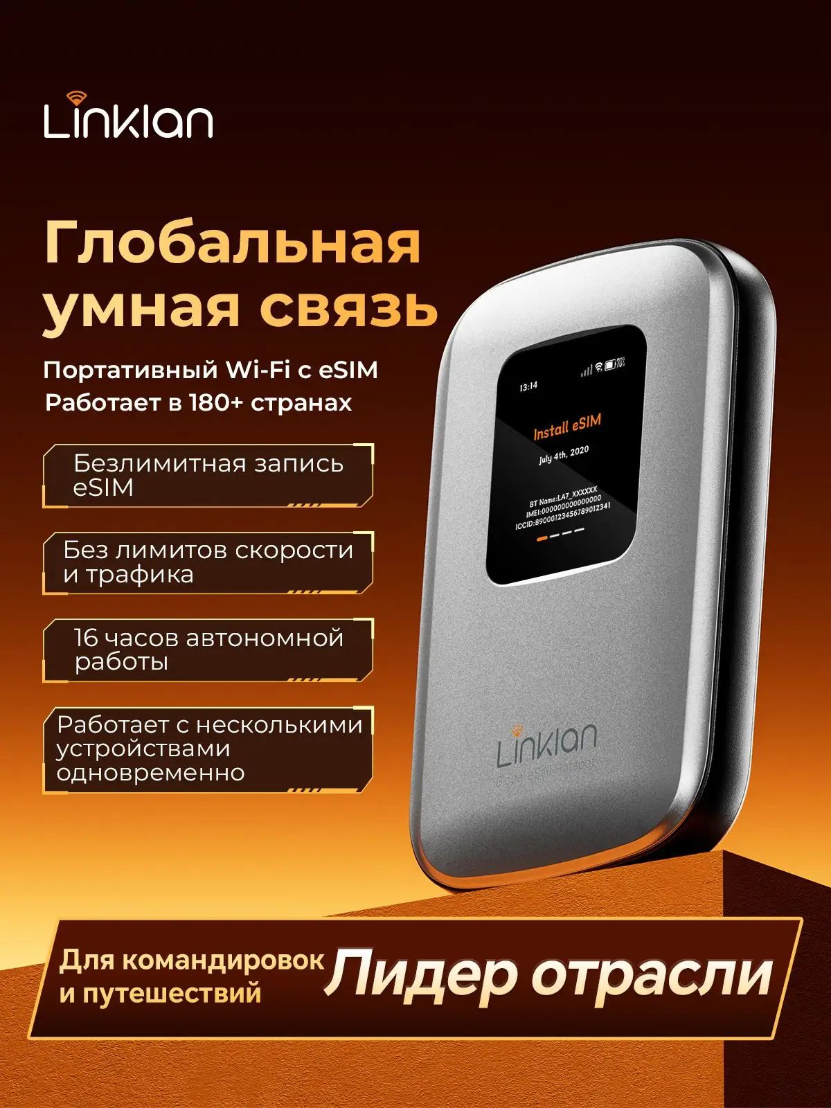 Linklan Портативный 4G LTE Wi-Fi роутер с eSIM и встроенным павербанком, двойной режим SIM-карт, мультидиапазонный, для путешествий и бизнеса