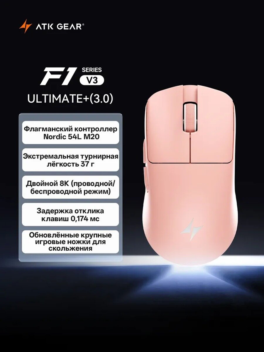 ATKGEAR Игровая мышь беспроводная ATK F1 V3 Ultimate+, светло-розовый, бордовый