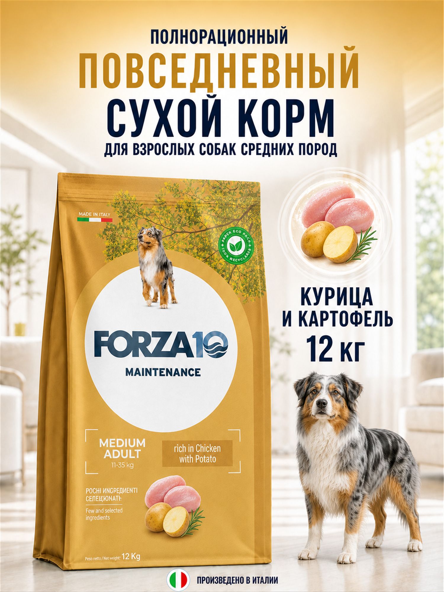 Сухой корм FORZA10 Maintenance Adult Medium для взрослых собак средних пород с курицей, 12 кг