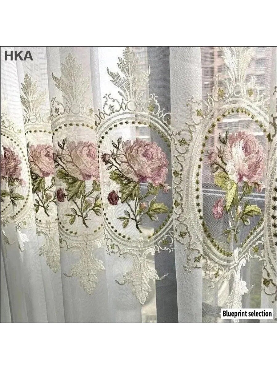 Тюль на ленте 150x250 см с вышивкой, белый и светло-розовый, 1 шт