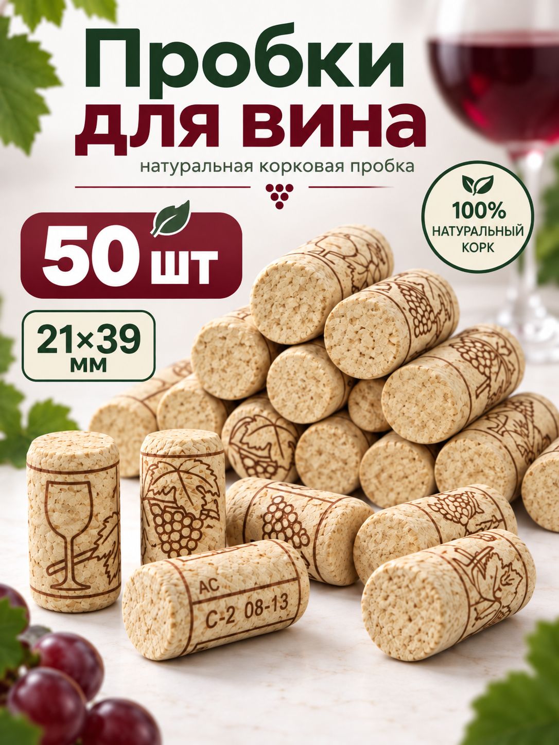 Натуральные корковые пробки для вина 21х39 мм, 50 шт, для домашнего виноделия