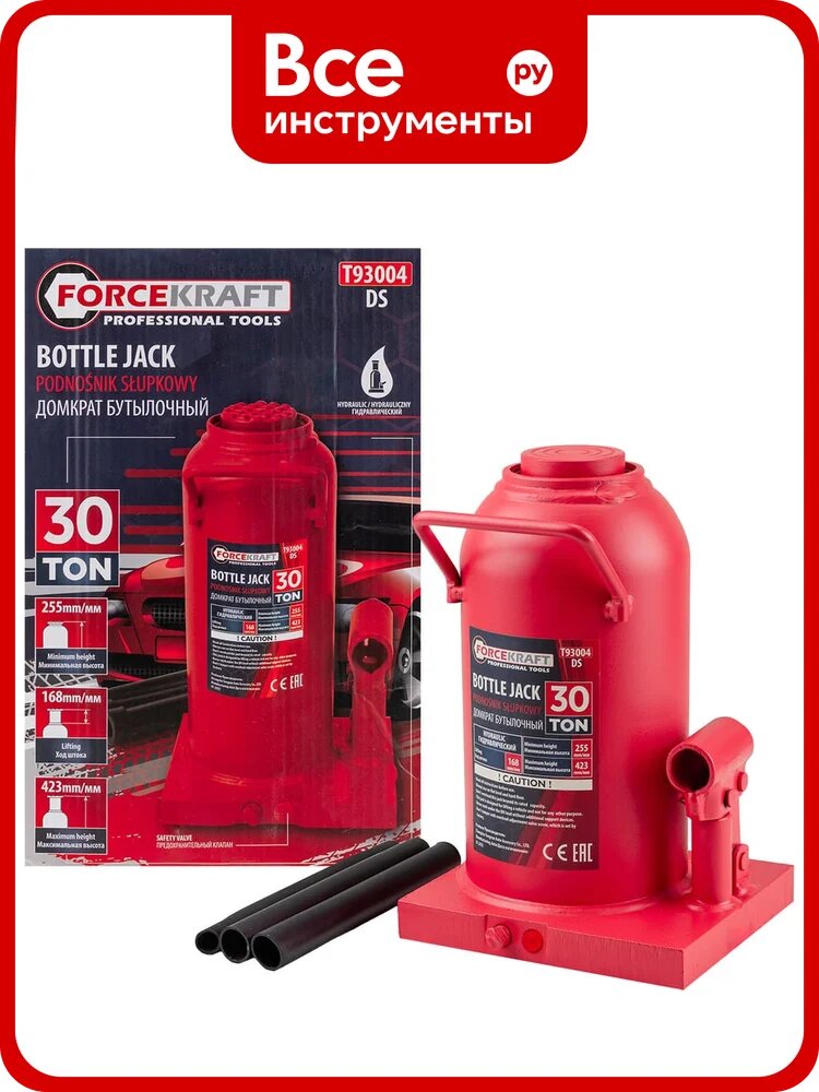 Домкрат бутылочный Forcekraft 30т с клапаном h min-255мм, h max-423мм FK-T93004 DS(26585)