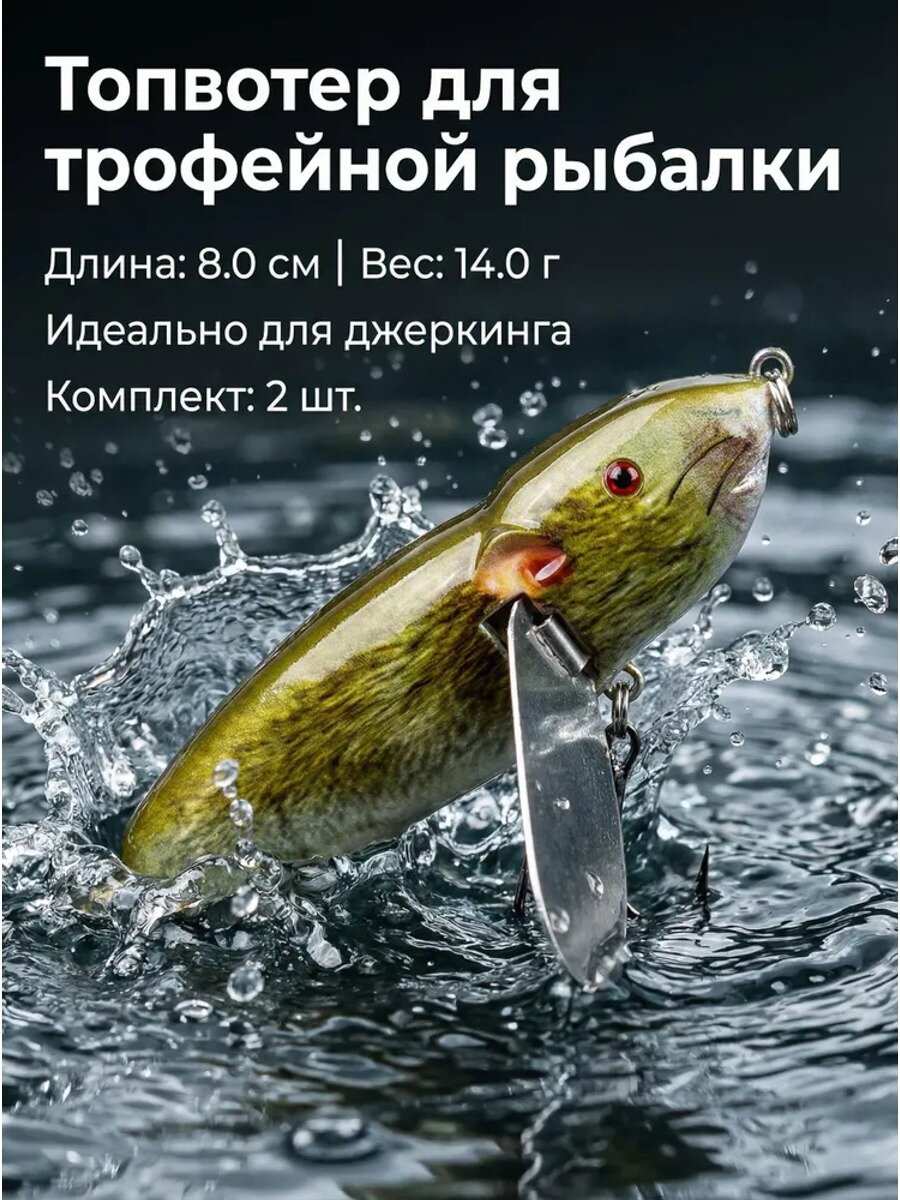 Поппер для рыбалки плавающий 8 см 14 г шумовой, поверхностная приманка с крыльями из нержавеющей стали, 2 шт.