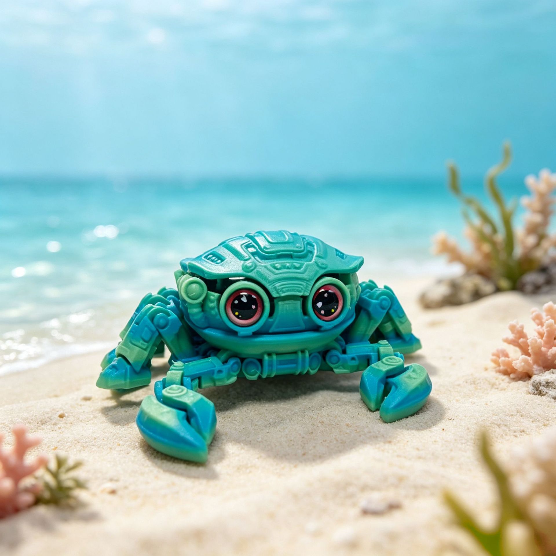 3D-печатная модель механического краба с подвижными ногами и открывающимся корпусом для хранения.