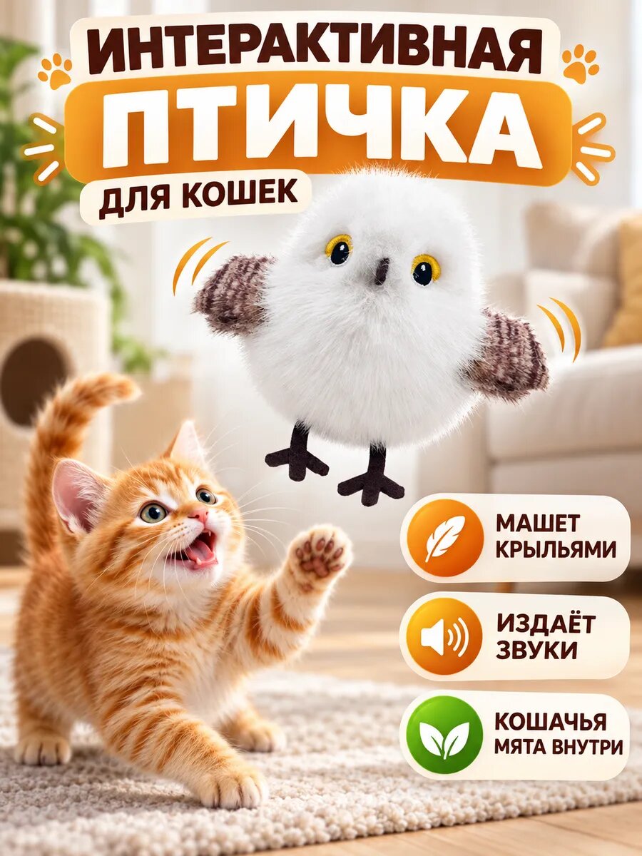Игрушка для кошек интерактивная птичка машет крыльями USB