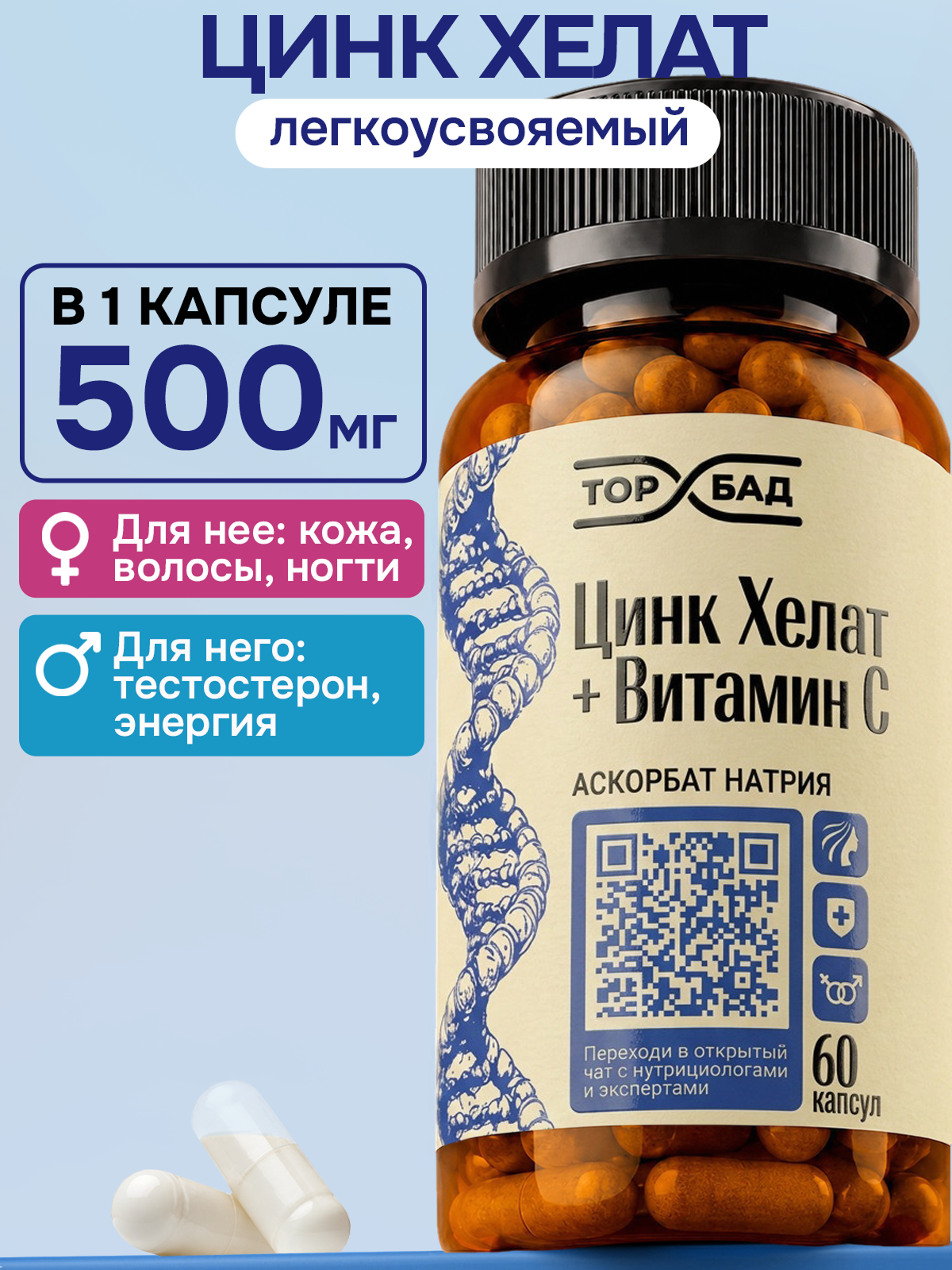 Цинк Хелат с витамином С, торбад, комплекс для кожи, волос и ногтей, 60 капсул