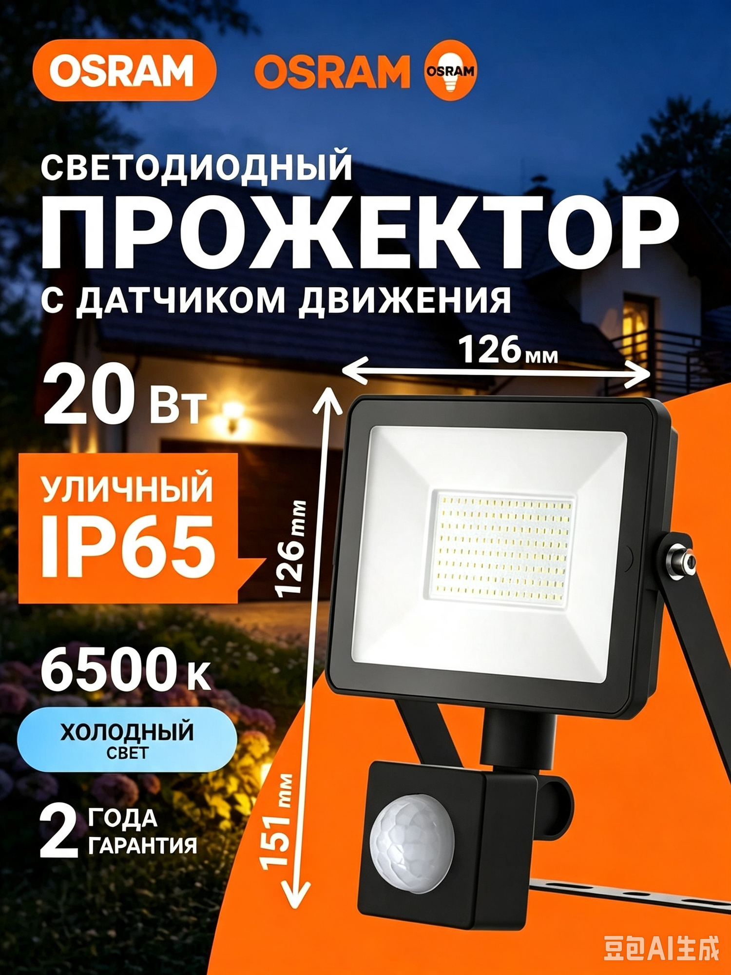 Прожектор светодиодный уличный с датчиком движения OSRAM, 20 Вт, 4000К, IP65