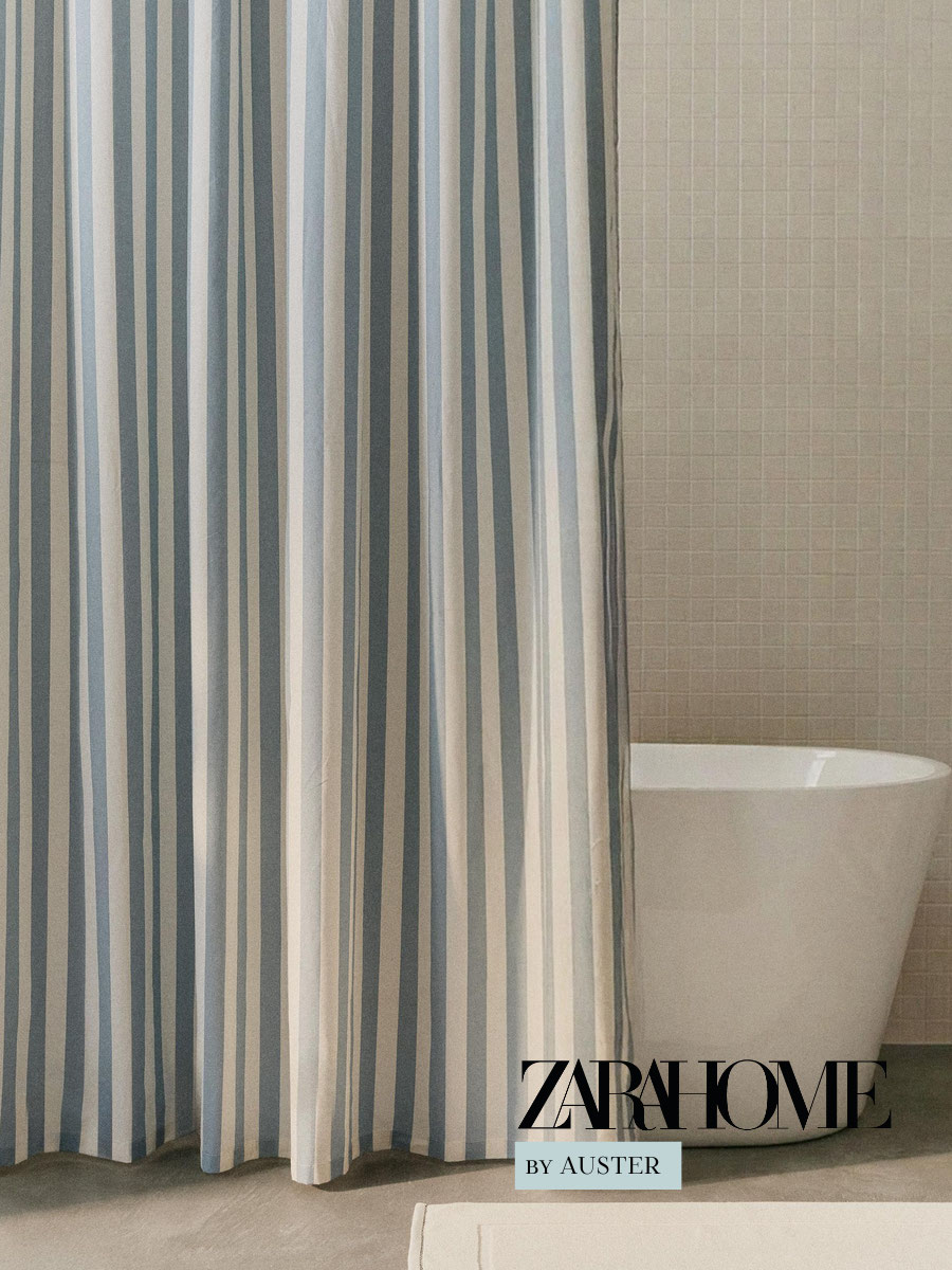 ZARA HOME Штора для ванной 180x200 см тканевая полоски слоновая кость, голубой-