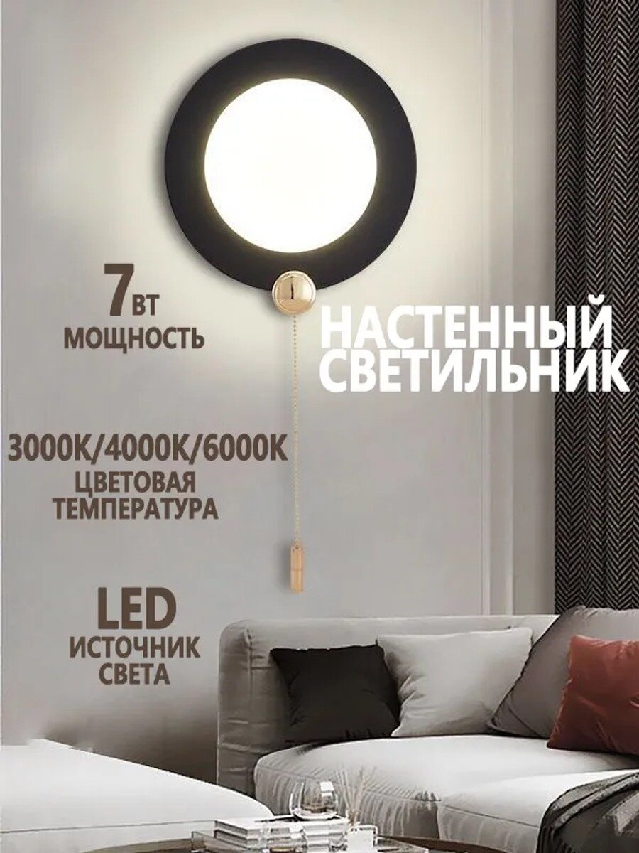 Настенный светильник LED, черный, 3-5㎡, IP22, с механическим выключателем