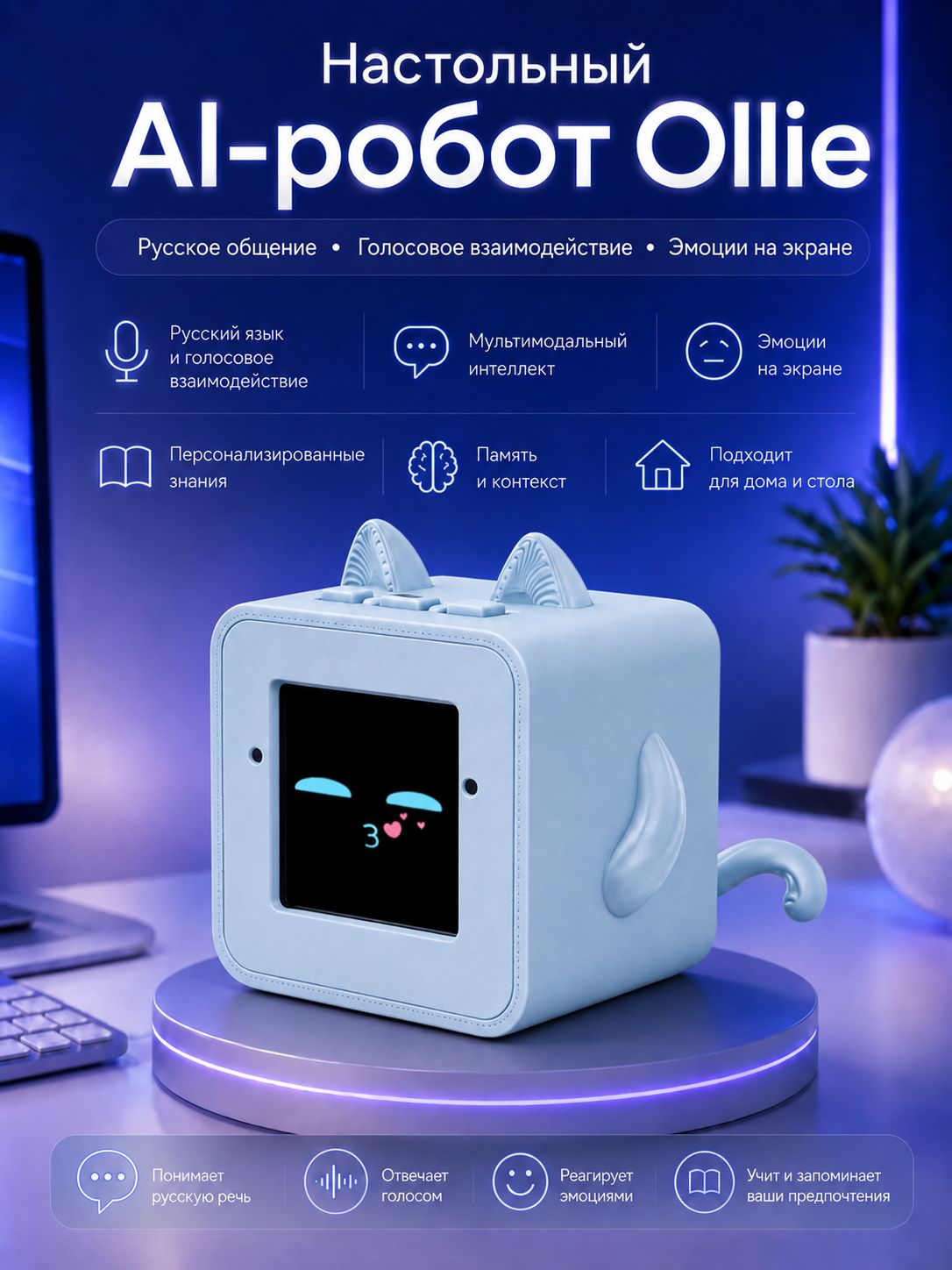 Интеллектуальный настольный робот Ollie AI, умный AI-компаньон с русским голосовым общением, эмоциями на экране, Wi-Fi 2.4G, Type-C, черный/белый/розовый
