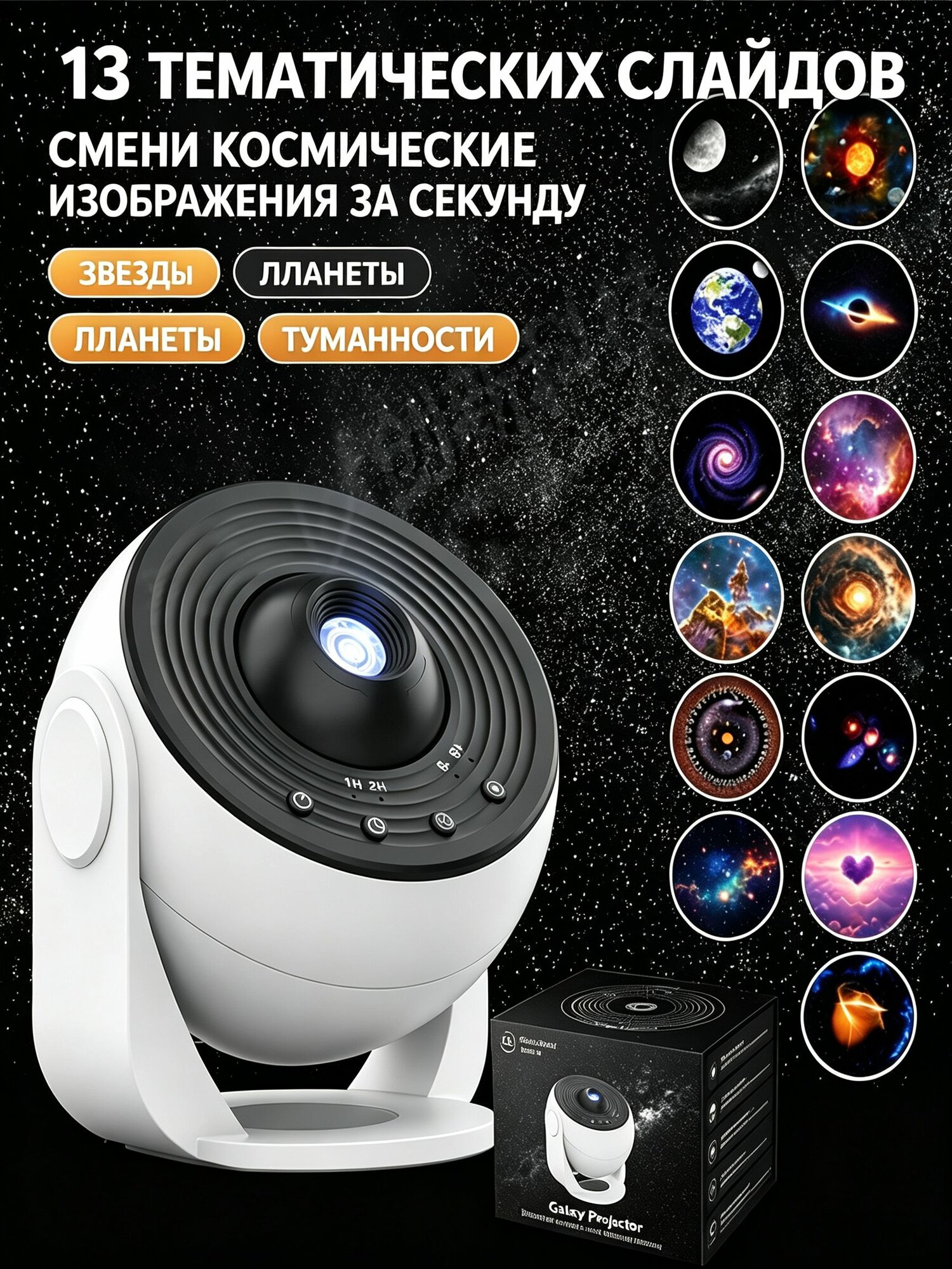 Проектор звездного неба с 13 проекциями / Детский ночник с галактикой и созвездиями / Светильник-планетарий для спальни и подарка