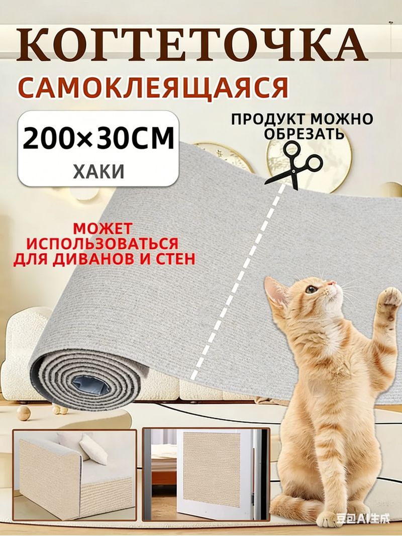 Когтеточка для кошки настенная самоклеящаяся,2000x300, светло-серый