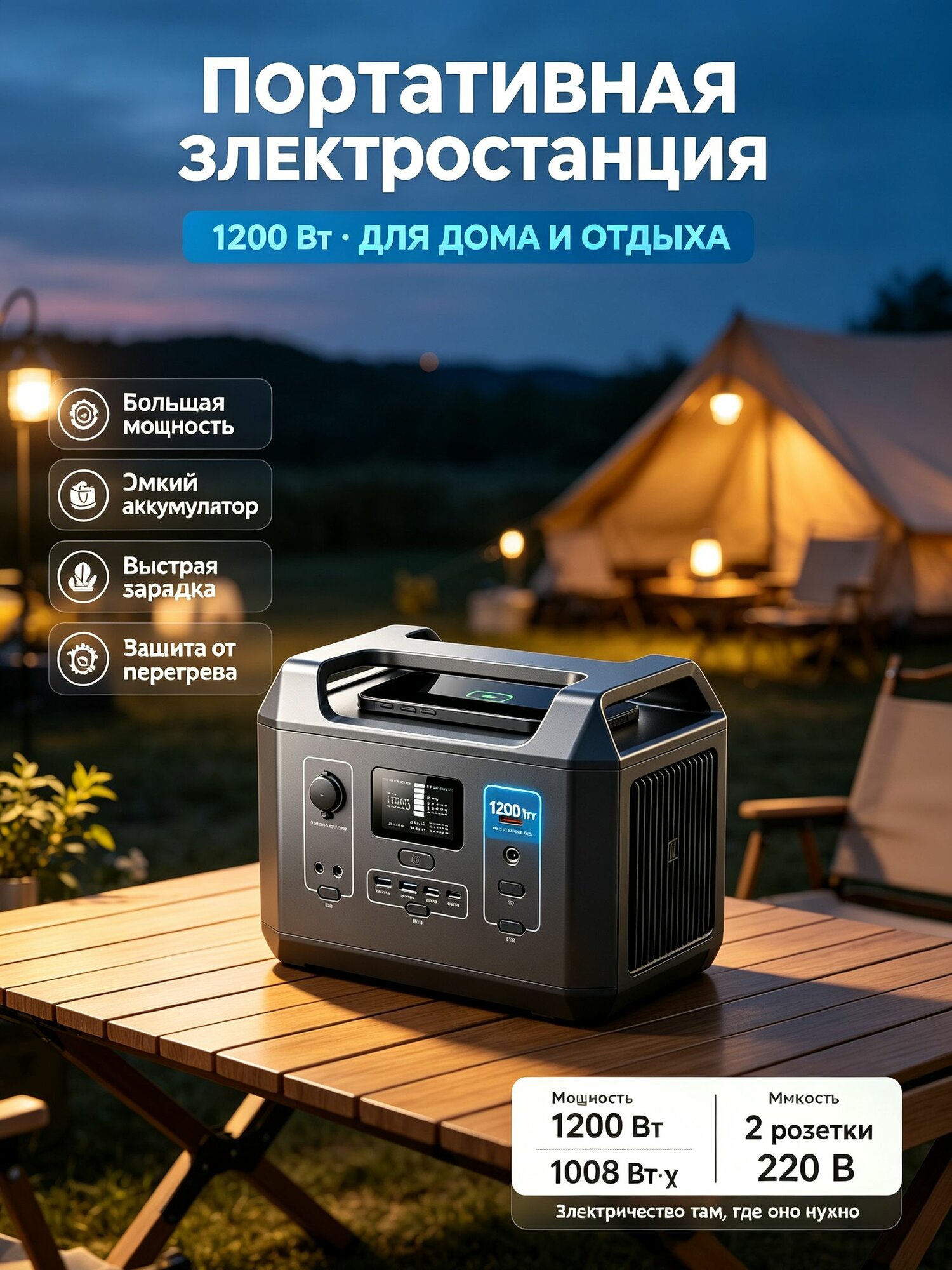 Портативная электростанция 1200Вт LiFePO4 для кемпинга и дома