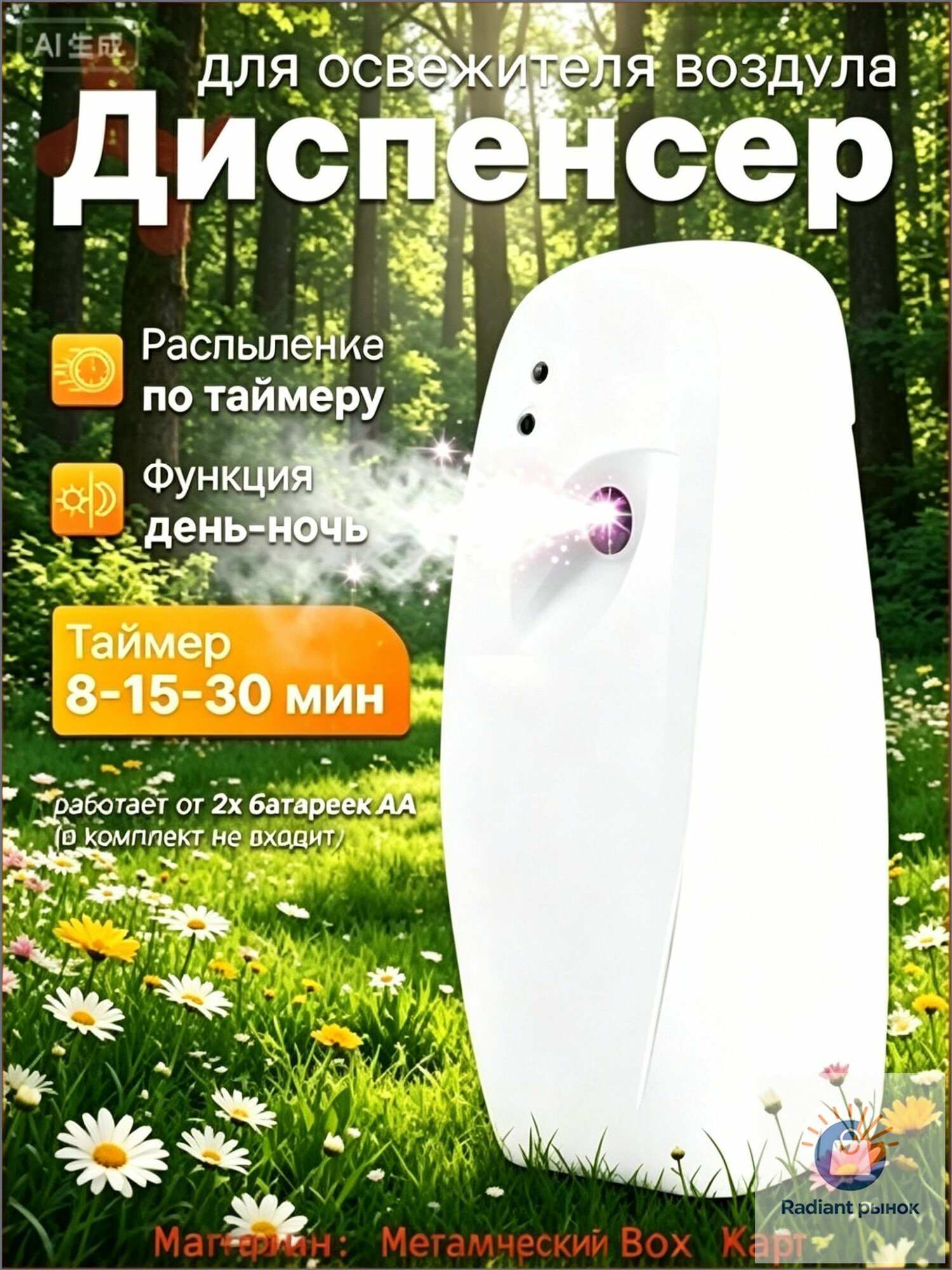 Диспенсер для освежителя воздуха автоматический, с таймером распыления, функция день-ночь, работает от батареек АА, для дома и офиса