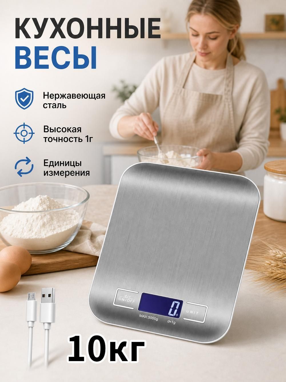 Кухонные весы электронные, из нержавеющей стали, до 5 кг, с точностью 1 г
