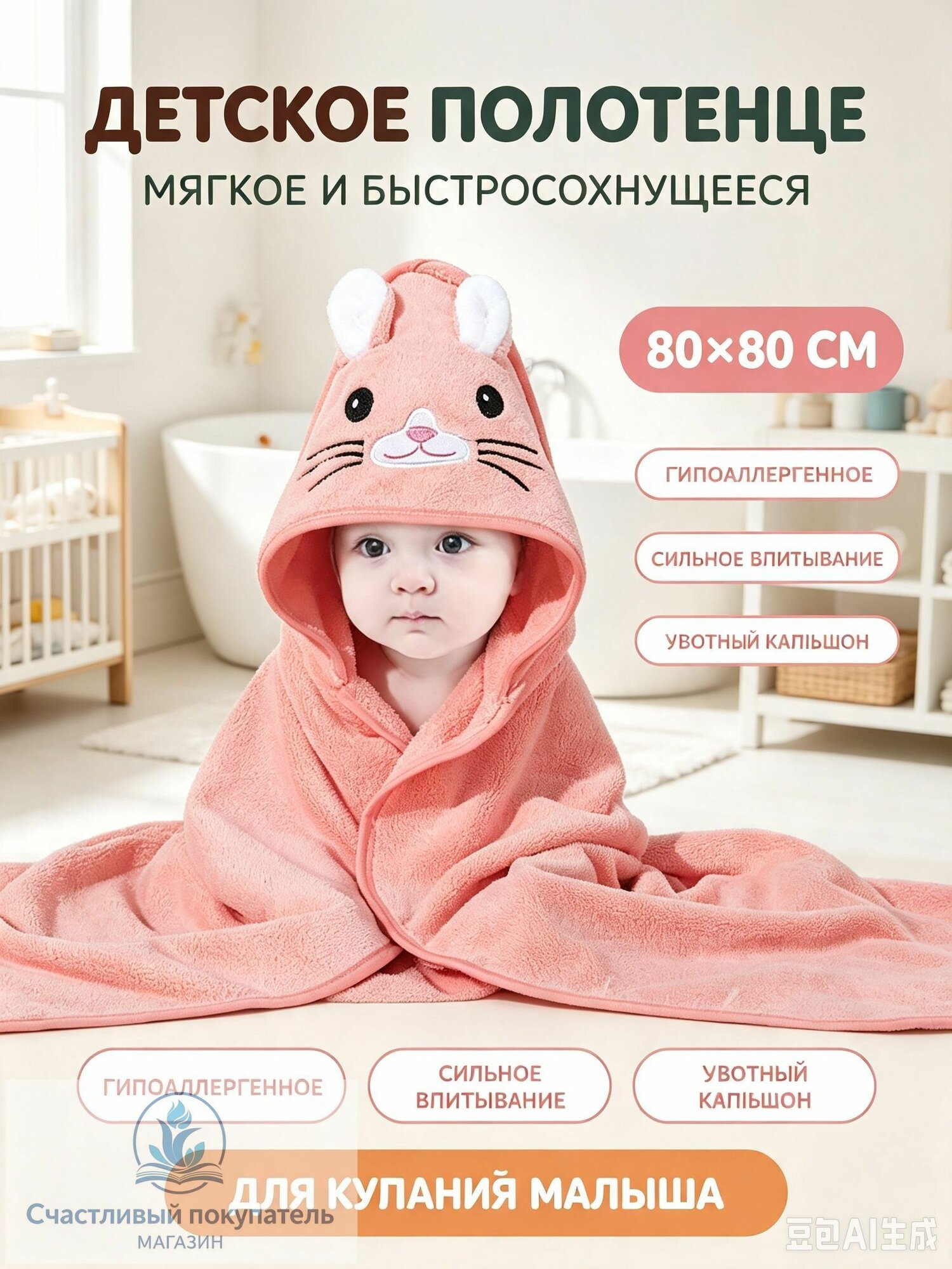 Полотенце детское 80x81 см, махровая ткань, оранжевый, 1 шт