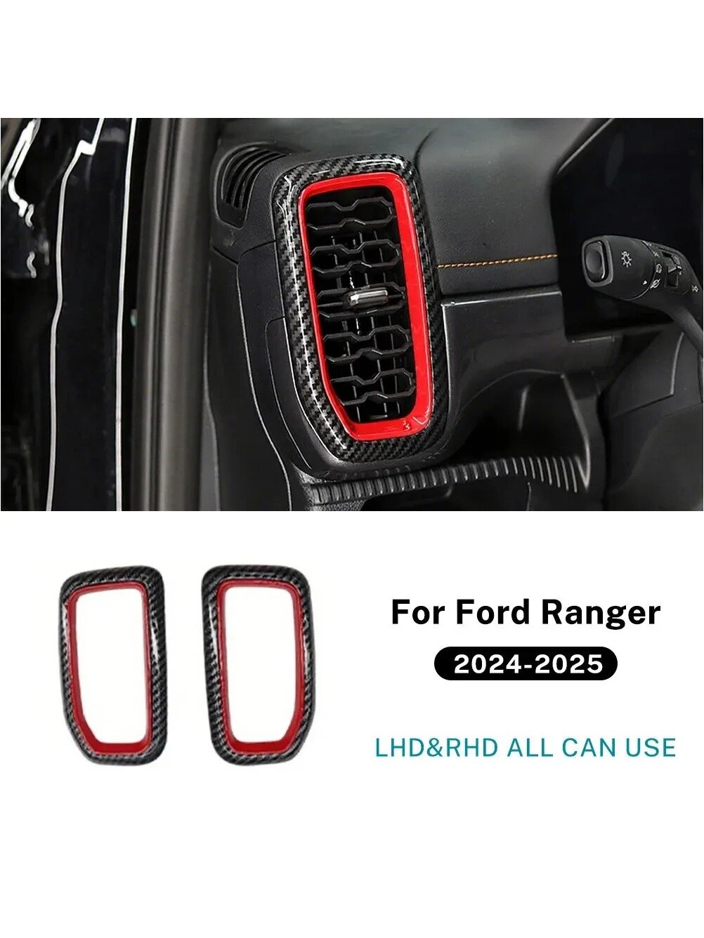 Накладки на рамки воздуховодов с текстурой карбона для Ford Ranger 2024-2026 LHD и RHD, черные