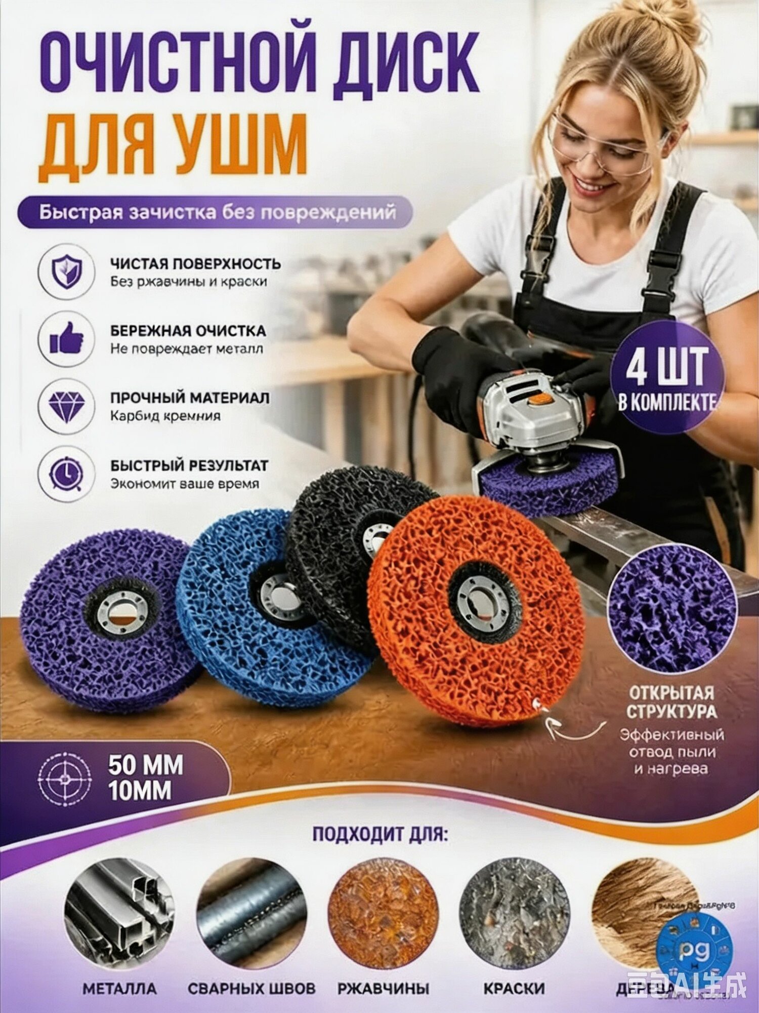 Коралловый диск 50, круг зачистной для УШМ, фиолетовый диск для болгарки 50 мм, шлифовальный.4шт