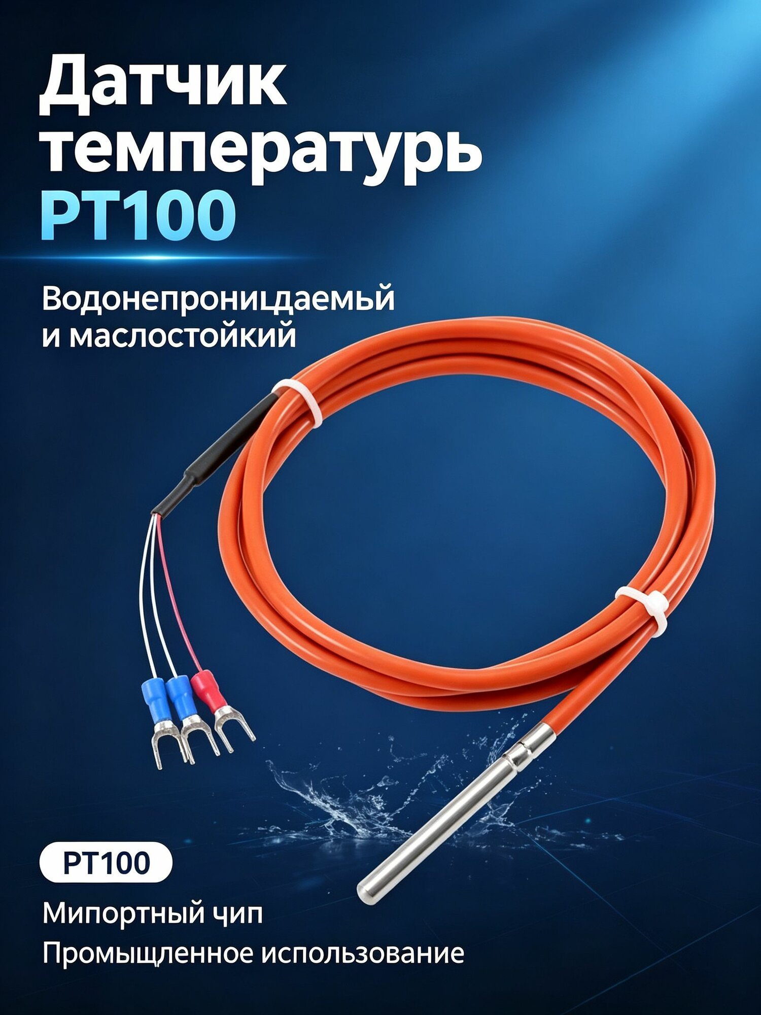 Датчик температуры PT100, 6x50 мм в гильзе из нержавеющей стали, силиконовый кабель 0,5 метра, класс точности 0,3%