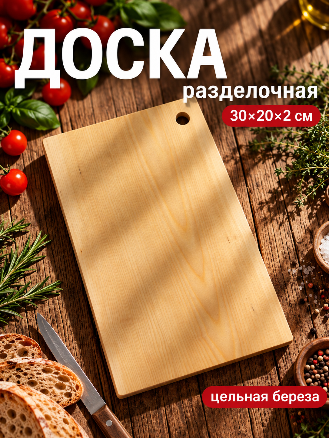 Доска разделочная деревянная с отверстием Adelica, 30×20×2 см, покрыта маслом, цельная берёза