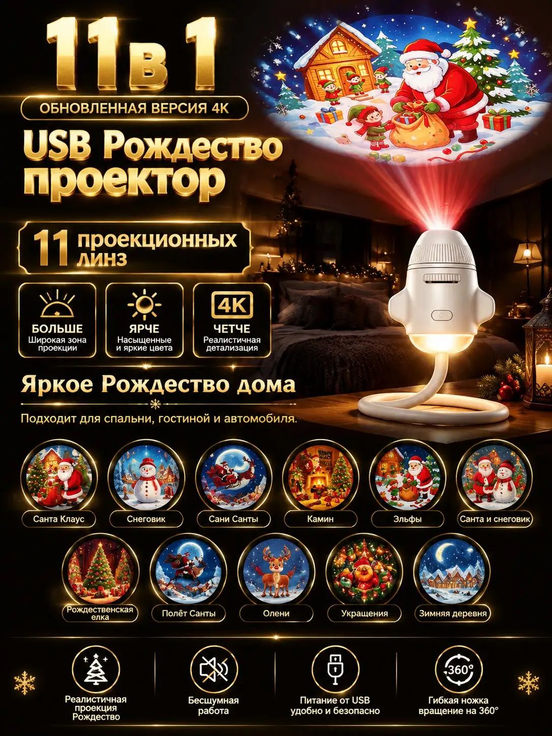 Новогодний проектор на потолок, USB светильник с праздничными рисунками и гибким корпусом для дома