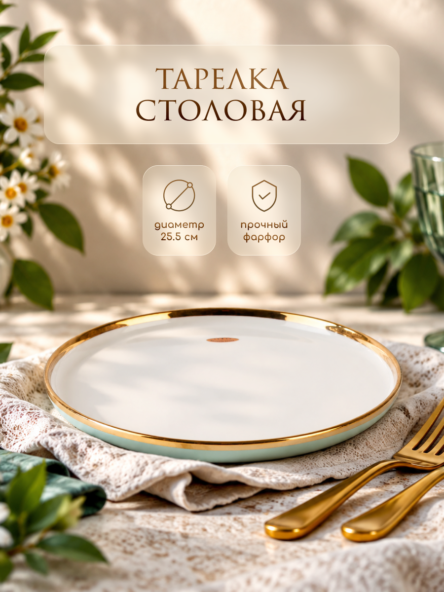 Тарелка столовая "Royal line", 25,5х25,5 см, фарфор, бирюзовый, Nouvelle