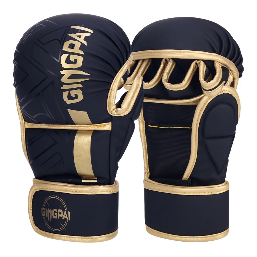 GINGPAI SPORT Профессиональные полупальцевые боксерские перчатки для ММА S, XB MB Black gold