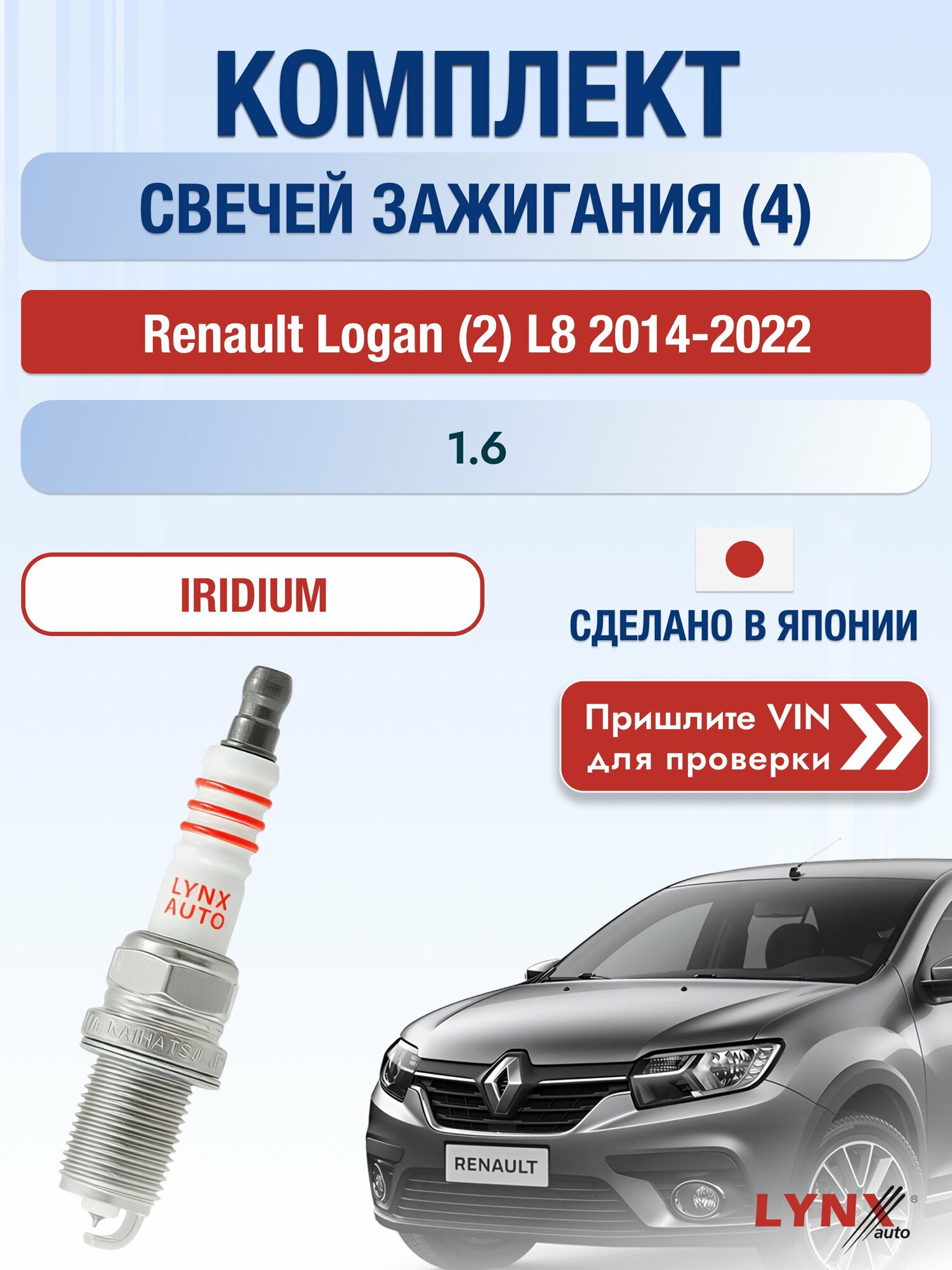 Свечи зажигания на Renault Logan (2) L8, комплект 4 шт / 2014-2022 / Двигатель 1.6 (H4M 438, K7M 812) SР-223 LYNXauto