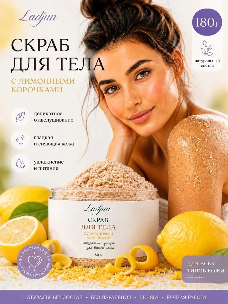 Скраб для лица и тела женский, Ladjun с лимонными корочками с витамином C для чувствительной кожи 180 гр