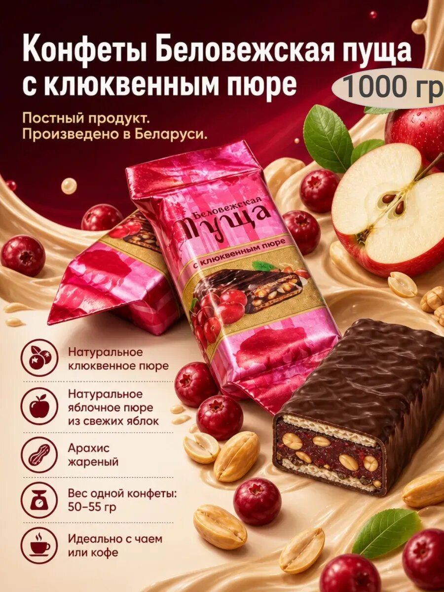 Конфеты «Беловежская пуща» клюквенное пюре,1000гр