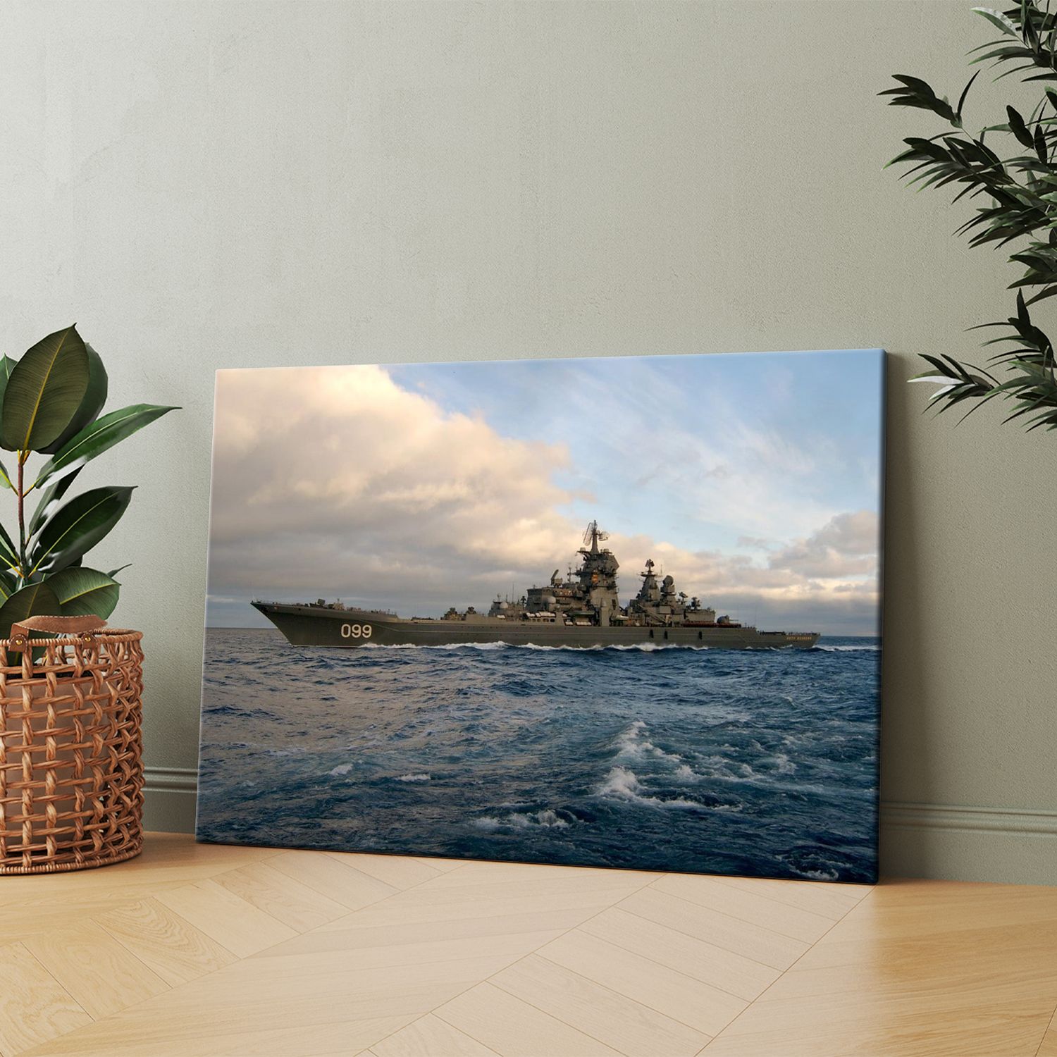 Картина на холсте (Военный корабль в океане с облаками) 40x60 см. Интерьерная, на стену.