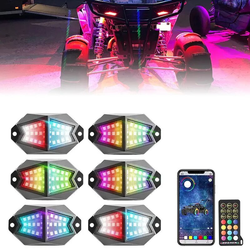 Лампа автомобильная арт. Комплект светодиодных RGB-фонарей, подсветка днища, для Wrangler, UTV, внедорожники, пульт дистанционного управления и управление через приложение Bluetooth, один к шести