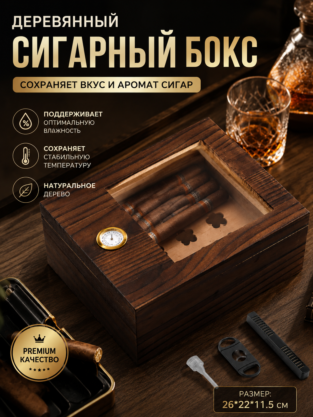 Хьюмидор, кедровый, термометр и гигрометр, 26х22х11,5 см, коричневый
