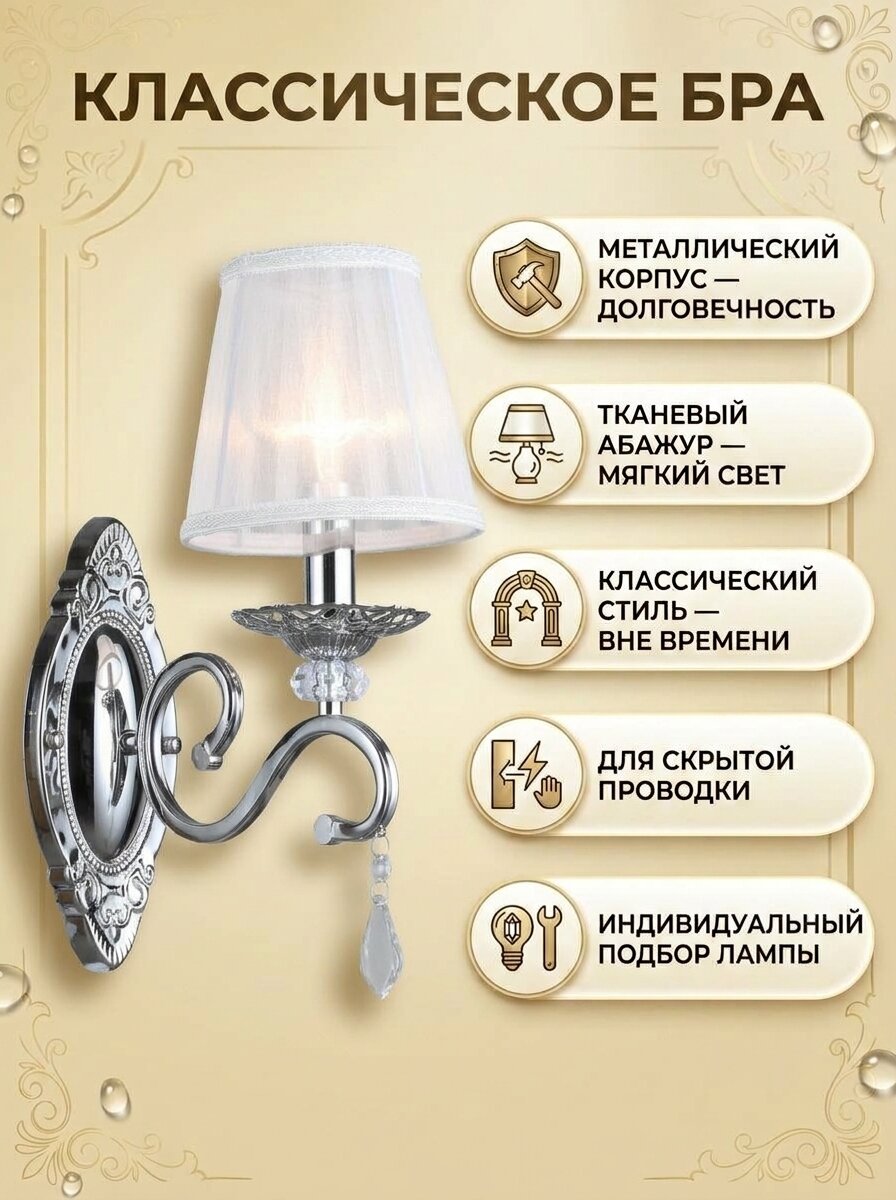 Бра настенное классическое с абажуром E14 светильник настенный для спальни гостиной коридора классика